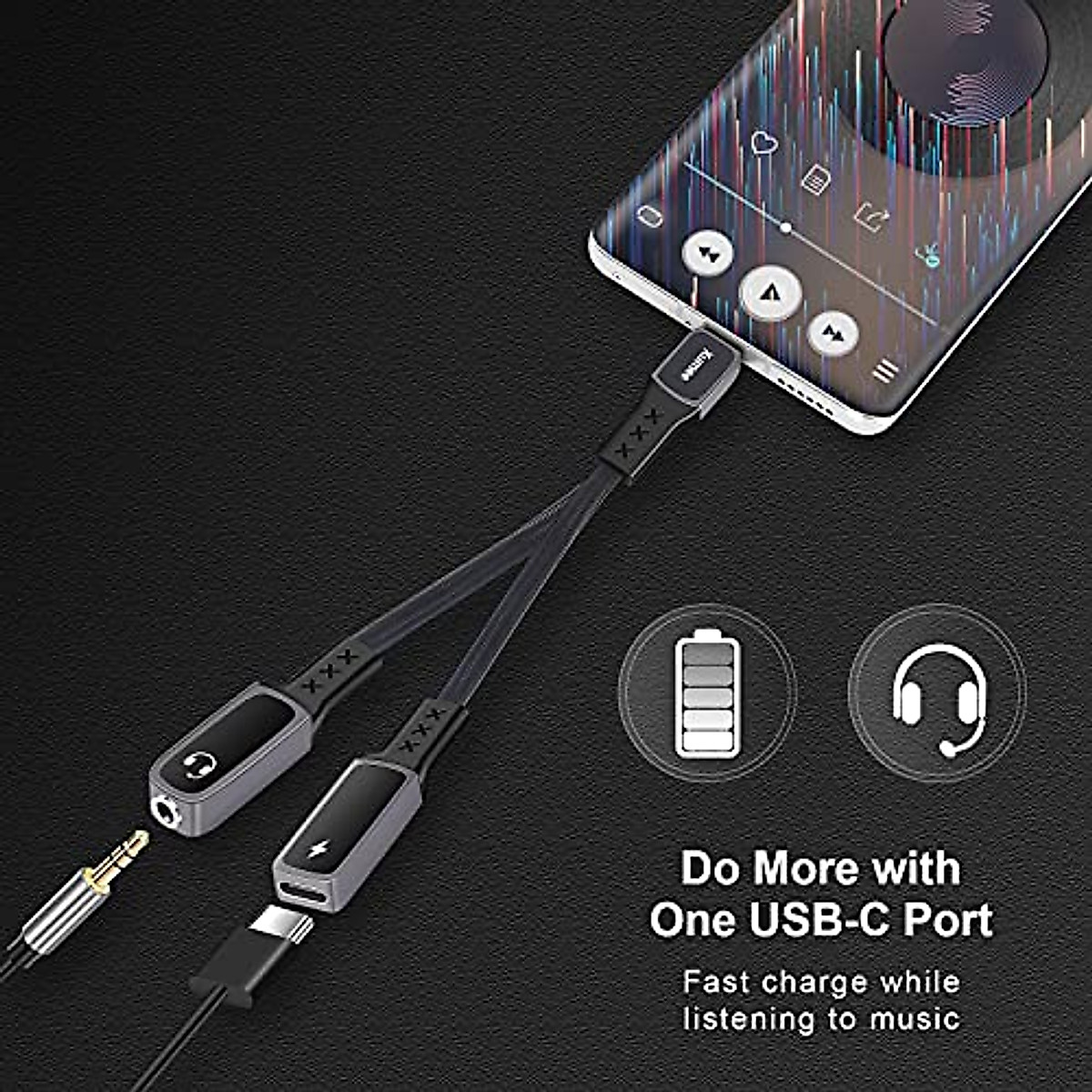 Xumee USB C to 3.5mm Audio Adapter and Charger, 2-in-1 USB-C Splitter Aux and Charging, Type C Headphones Jack Dongle Compatible with iPhone 15/15 Pro Max, Galaxy S23 S22 S21 S20 S20+ (Grey)
