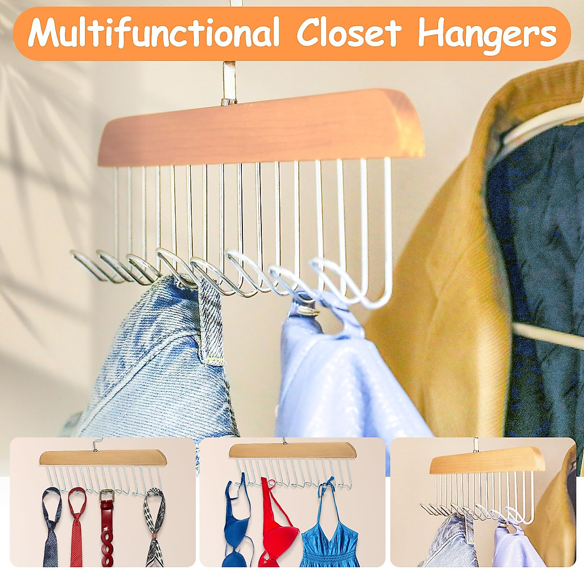 Xbaiyanr 2Pcs Anti Slip Multi Hook Coat Racks,Bra Hangers for Closet Organizer with 8 Hooks 360 °Swivel Belt Hanger for Closet for Belt, Tie, Tank Top, Bra, Scarf (Beige)