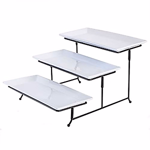 Gibson Home Gracious Dining Dinnerware, 3-Tier Rectangle Plate Set with Metal Stand, White