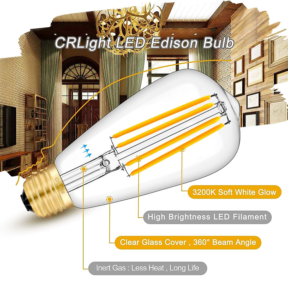 CRLight 8W Dimmable LED Edison Bulb 80W Equivalent 800LM, 3200K Soft White E26 Vintage Clear ST64 Lengthened Filament LED Bulbs, Smooth Dimming Version, 6 Pack
