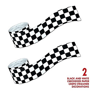 Race Party Black and White Checkered Paper Crepe Streamer Decoration, 30 Feet Long (2 Pack)