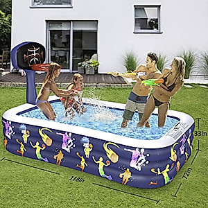 Inflatable Swimming Pool, Basketball Hook Family Full-Sized Inflatable Pools, 118" x 72" x 22" Blow Up Kiddie Pool for Kids, Adults, Babies, Toddlers, Outdoor, Garden, Backyard (Basketball Cartoon)