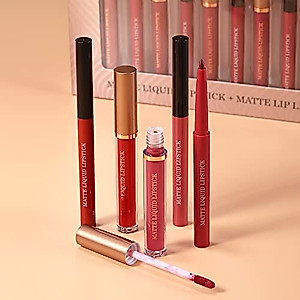 BestLand 12Pcs Matte Liquid Lipstick + Lip Liner Pens Set, One Step Lips Makeup Sets Pigment Velvety Nude Lip Stain Waterproof Long Wear Lip Gloss Make up Gift Set (Set B)