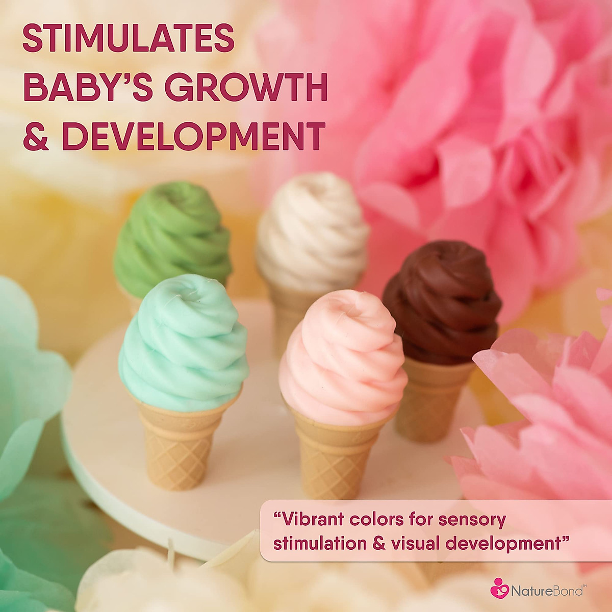 Naturebond Teething Toys - BPA Free Ice Cream Baby Teethers for Babies 0-6 Months, 6-12 Months, Must Have for Baby Teething Relief, Baby Toys 0-6 Months with Free Silicone Sling Pacifier Holder Clip