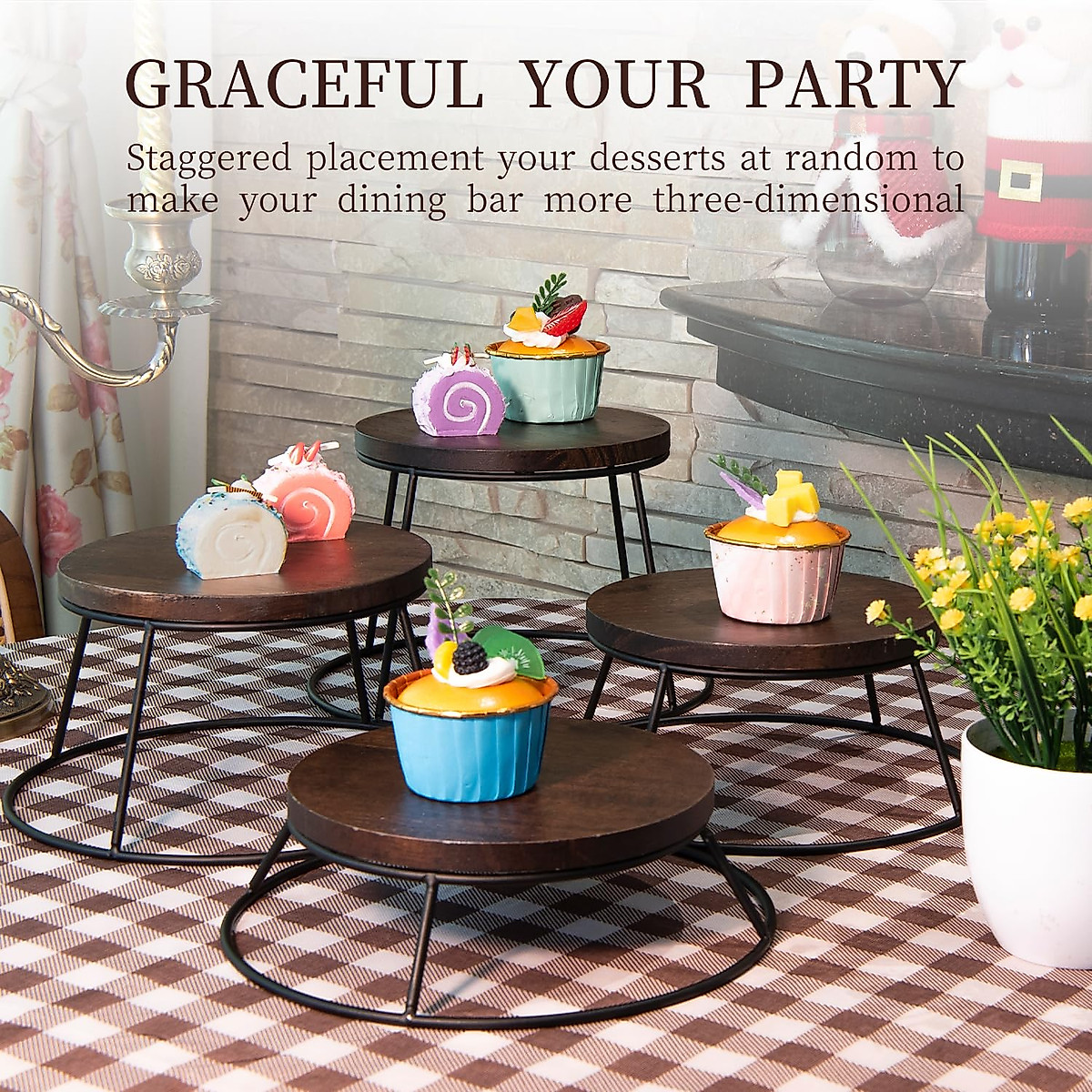 WIWIWISAM Food Display Riser for Party Food Service Display Stands Set of 4,Apply to Party,Dining Bar,Living room or Garden Wood Top & Black Metal Wire