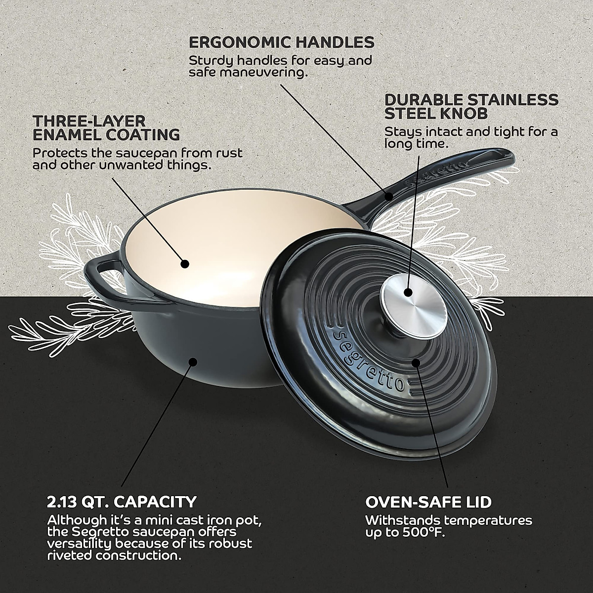 Small Sauce Pan with Lid, 2.13 QT Nero (Black) Sauce Pot, Small Pot with Stay Cool Helper Handle and Tight-Fitting Lid, Warmer Pan- Segretto Cookware