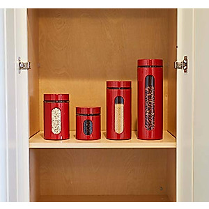 Quality Modern Red Stainless Steel Canister Set for Kitchen Counter with Glass Window & Airtight Lid - Food Storage Containers with Lids Airtight - Pantry Storage and Organization Set