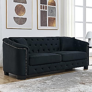 Sybrioka 77" Modern Chesterfield Velvet Sofa,3-Seater Sofa,Upholstered Tufted Backrests with Nailhead Arms and 2 Cushions for Living Room, Bedroom, Apartment, Office (77" 3-Seat Sofa, Black)