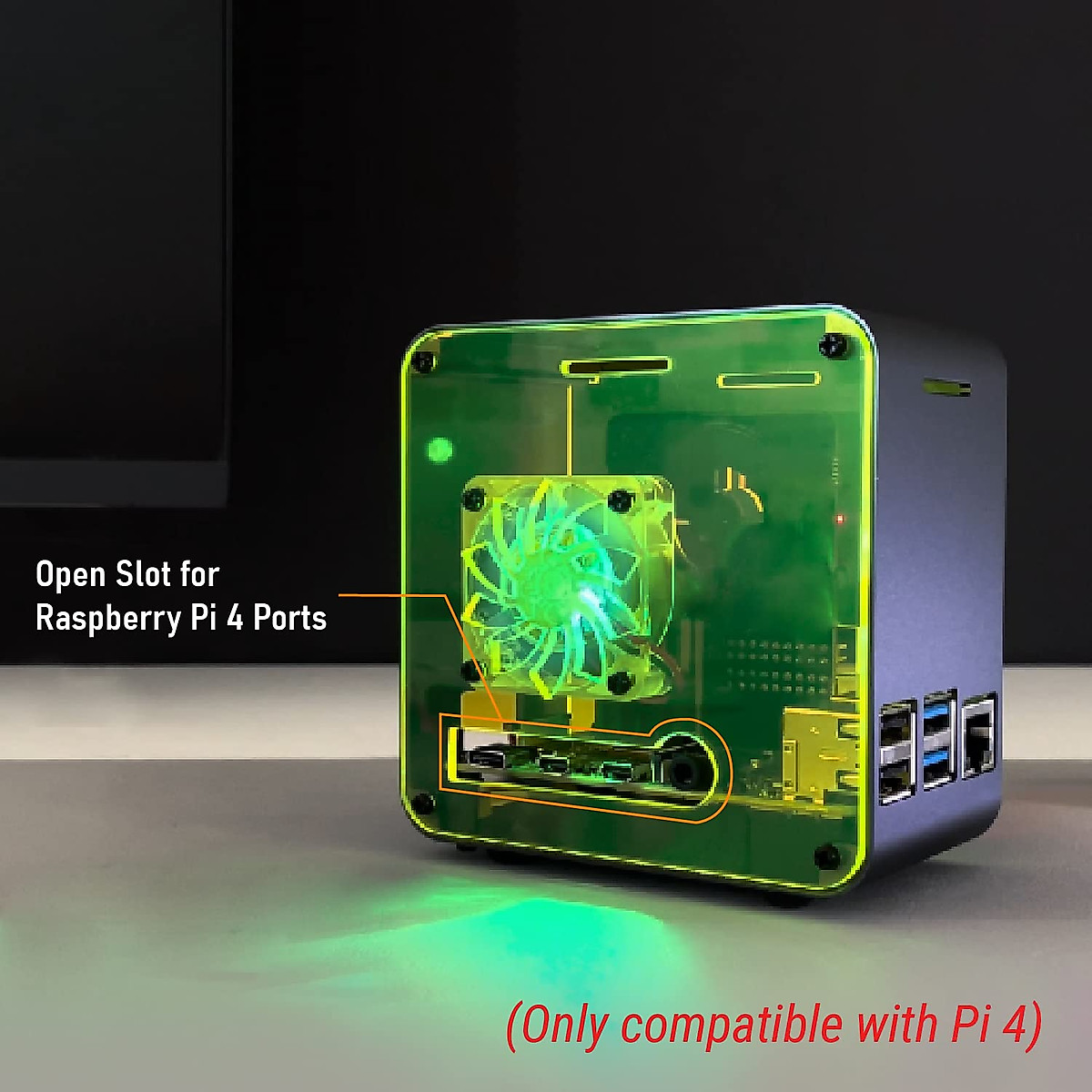 ElectroCookie Raspberry Pi 4 Case, Aluminum Mini Tower Case with Cooling Fan and Color Changing Ambient Light (Black Neon)