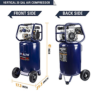 STEALTH Air Compressor, Ultra Quiet, Oil-Free and Long Life Cycle,1.8 Hp 20 Gallon Compressor with Large Rubber Wheels (Blue, SAQ-12018)