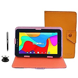 LINSAY 7" 2GB RAM 32GB Storage Android 12 Tablet with Brown Leather Case, Pop Holder and Pen Stylus