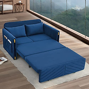 Lyromix 3 in 1 Sofa Bed for Living Room, Convertible Loveseat Sleeper Full Size, Velvet Pull Out Couch with 2 Pillows & Detachable Storage Bag, Dark Blue