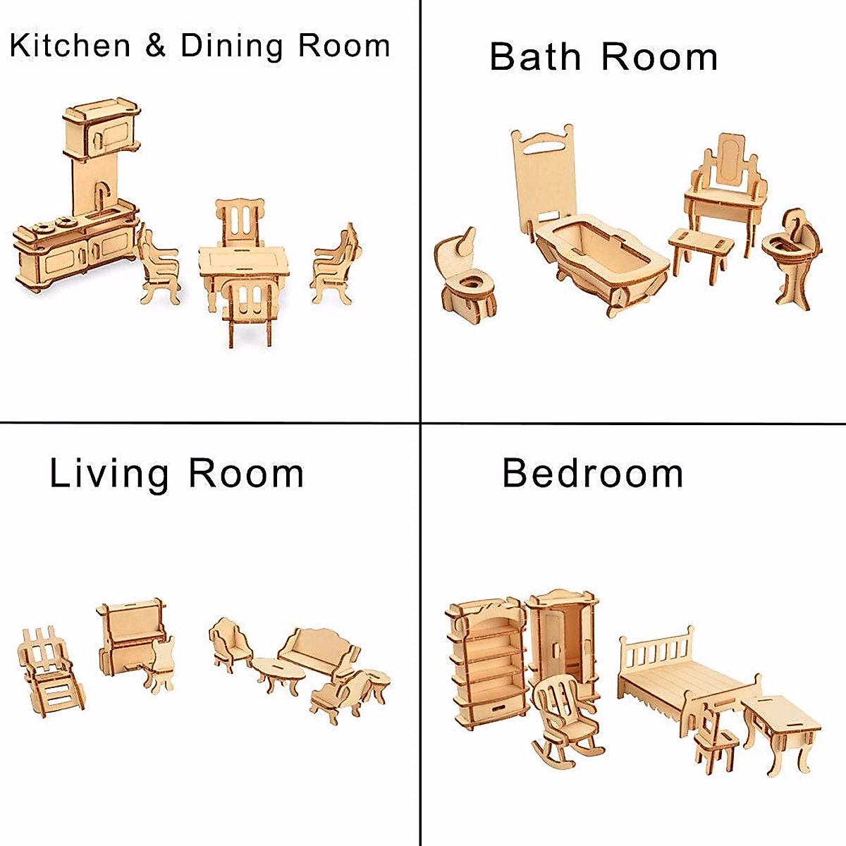 BOHS 34-Piece Dollhouse Furniture Set - Laser Cut Wooden 3D Puzzles - Miniature Doll House DIY Models and Accessories