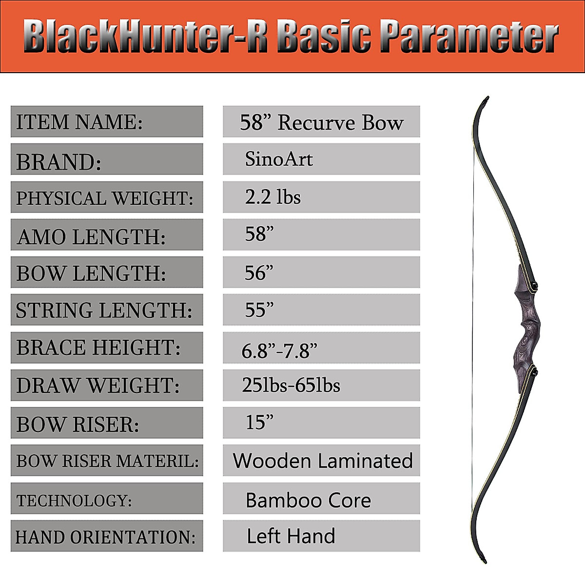 SinoArt 58" Takedown Recurve Bow Bamboo Limbs Archery Right and Left Handed Riser Bow for Hunting Target Shooting 25-65Lbs(40Lbs, Left Hand)