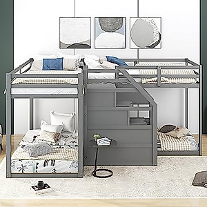 Harper & Bright Designs L Shaped Bunk Bed for 4, Wood Quad Bunk Bed with Stairs, for Kids Teens Adults (Gray)