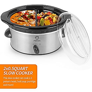 Ateken Supper Mini Slow Cooker 2x0.5 Quart Oval Double-Flavor Black Ceramic Pot Stainless Steel Silver Suit for Dipping Sauce