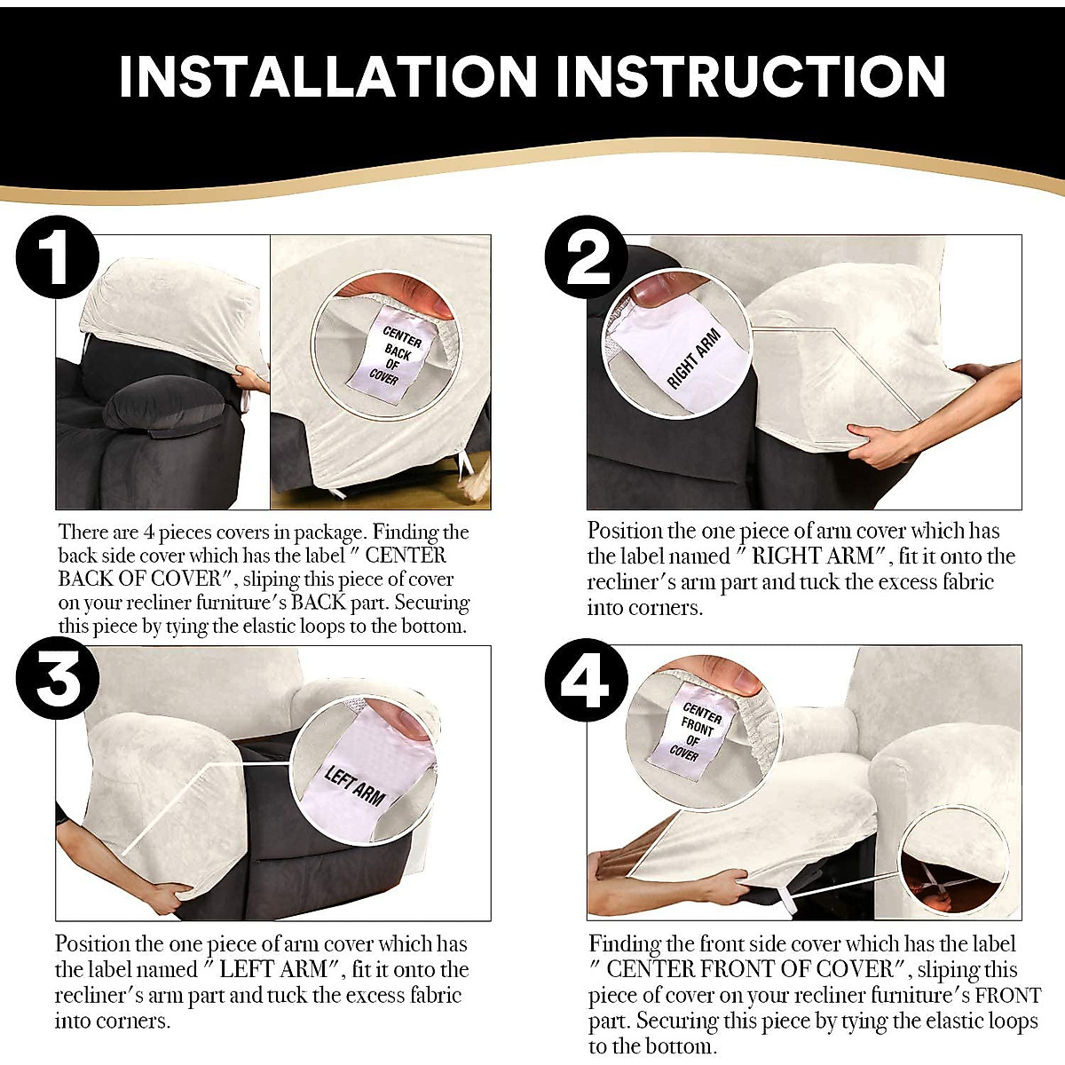 PrinceDeco Recliner Chair Cover Velvet Stretch Recliner Couch Covers 4-Pieces Style Recliner Chair Covers Recliner Cover for Reclining Chair Slipcovers Feature Non Slip Form Fitted Thick Soft, Ivory