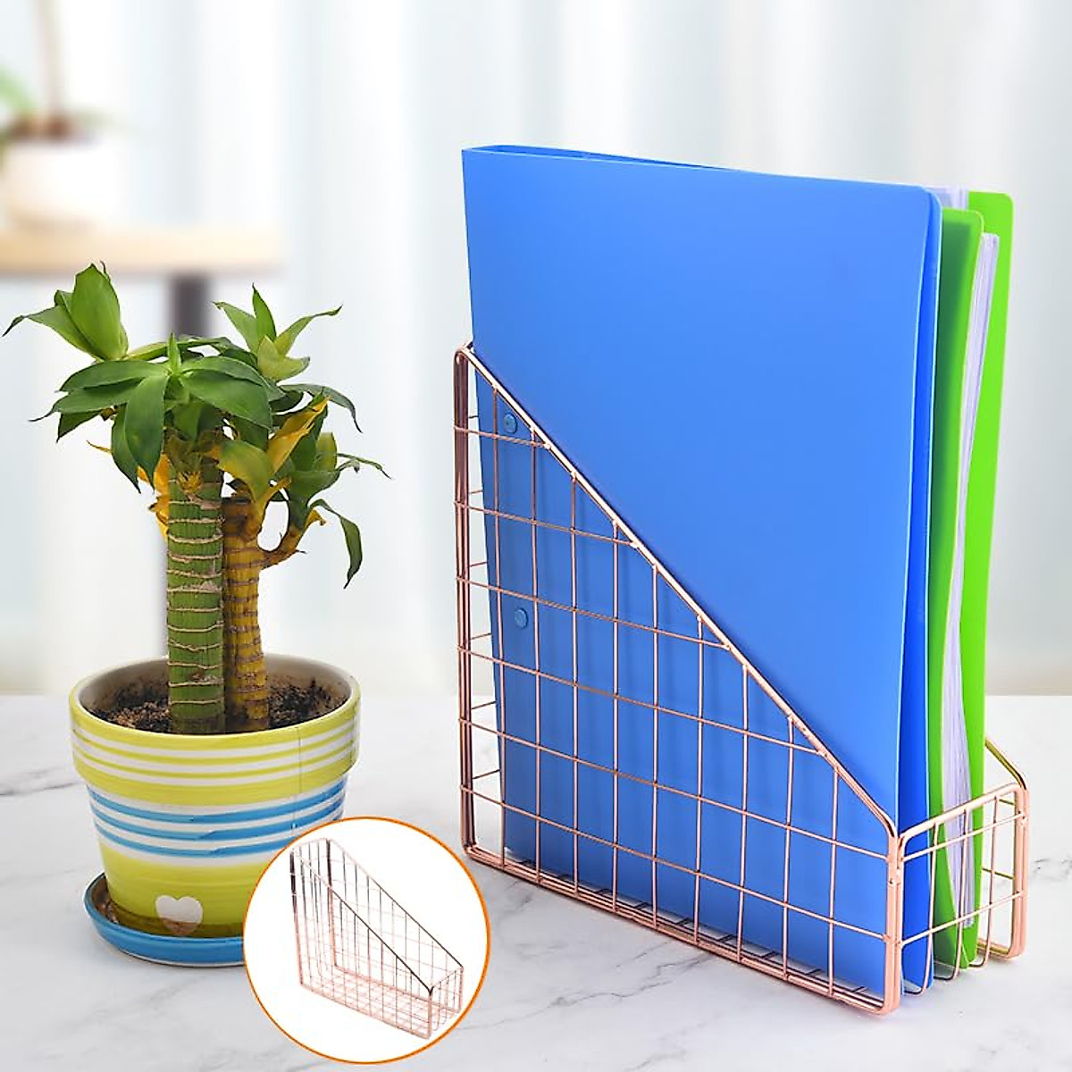 Coshar Minimalist File Holder Metal Wires Magazine Organizer Document Rack Letter File Storage Organizer Desktop Accessory - Rose Gold