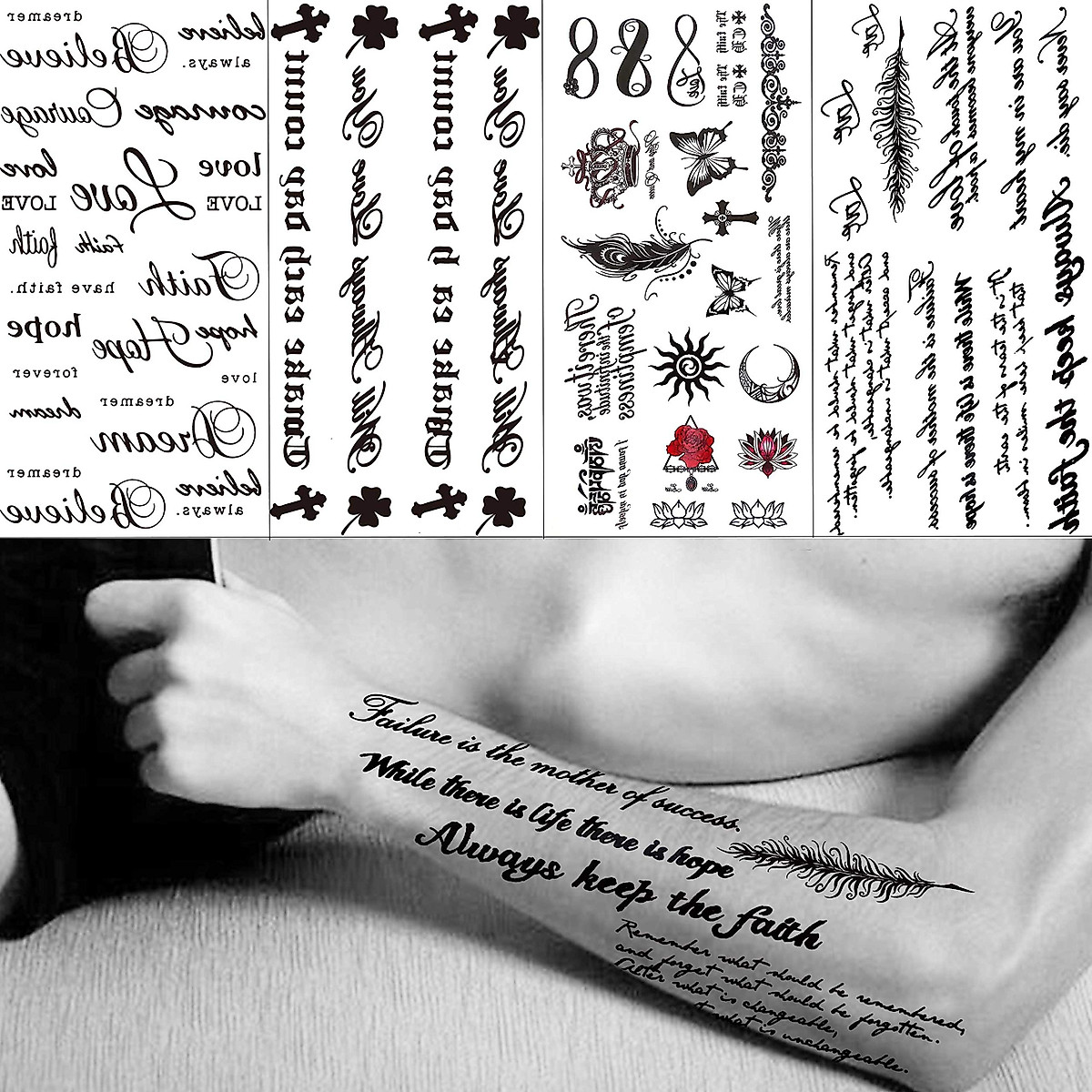 TASROI 18 Sheets Black Inspired Quotes Temporary Tattoos For Women Kids Children Long Lasting Letter Alphabet Words Fake Tattoo Stickers Birds Cross ECG infinity Moon Star Neck Arm Tatoo For Men Adult