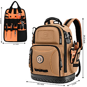 Tool Bag Backpack, 75 Pockets & Loops Canvas Heavy Duty Tools Organizer Bags/HVAC Tool Carrier for Electrician/Construction Work with Molded Base and Combination Lock - Brown