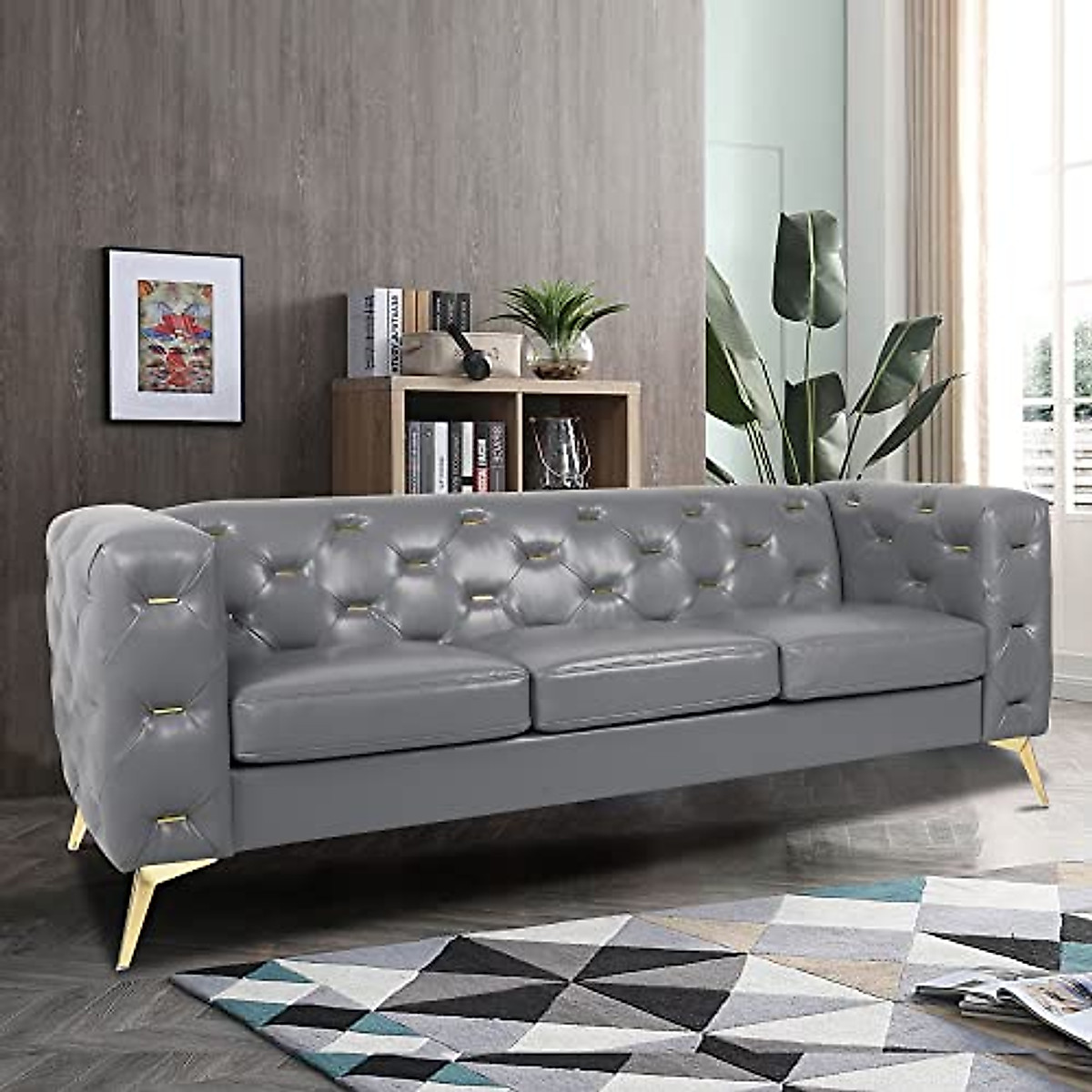 QHITTY Chesterfield Sofa, 84'' Modern 3 Seater Accent Leather Couch with Square Arms and Metal Tufted Button, Metal Legs for Living Room, Office, Bedroom (Grey)…