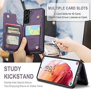 Vinich for Samsung Galaxy S21 Case with Card Holder, for Samsung S21 Wallet Case for Women Men with RFID Blocking, Durable Kickstand Shockproof Phone Case for Galaxy S21 5G, Purple