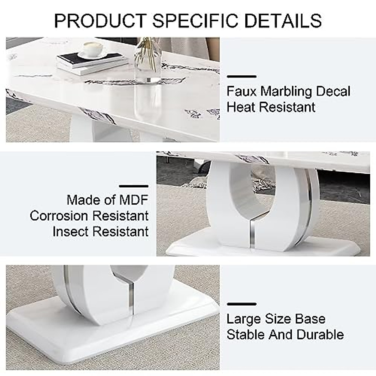 Ayvbir 48'' Simple Luxury Imitation Marble Dining Table Rectangular Counter Coffee Table for Dining Room Living Room Office Terrace (White)