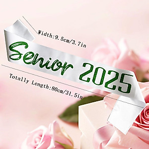 4Pcs White Senior Sash 2025 Satin with Green Glitter Letters - Senior Cheerleader 2025 Sash - 2025 Graduation Celebrations Sashes - Senior Cheer Sash - Class Competition Sashes - White Green