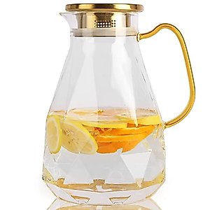 Yirilan Glass Pitcher,74oz/2.2 Liter Water Pitcher with Lid,Beverage Serveware,Iced Tea Pitcher,Water Carafe with Handle,Heat Resistant Borosilicate Water Glass Jug（with Mixing Spoon and Cup Brush）