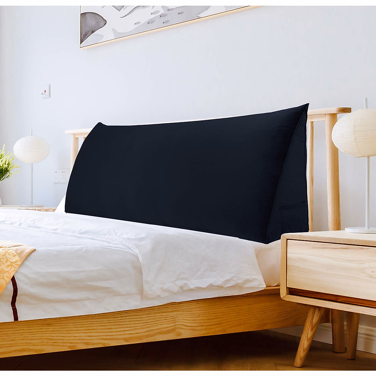 VERCART Large Reading Bed Wedge Pillow, Triangular Upholstered Headboard, Backrest Back Support for Sitting Up in Bed with Removable Velvet Black Cover, California King