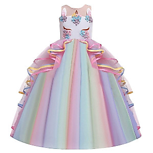 WOCINL Girls Princess Dress Unicorn Outfits Sleeveless Rainbow Party Birthday Wedding Christmas Halloween Carnival Costume Multicolored 4-5T