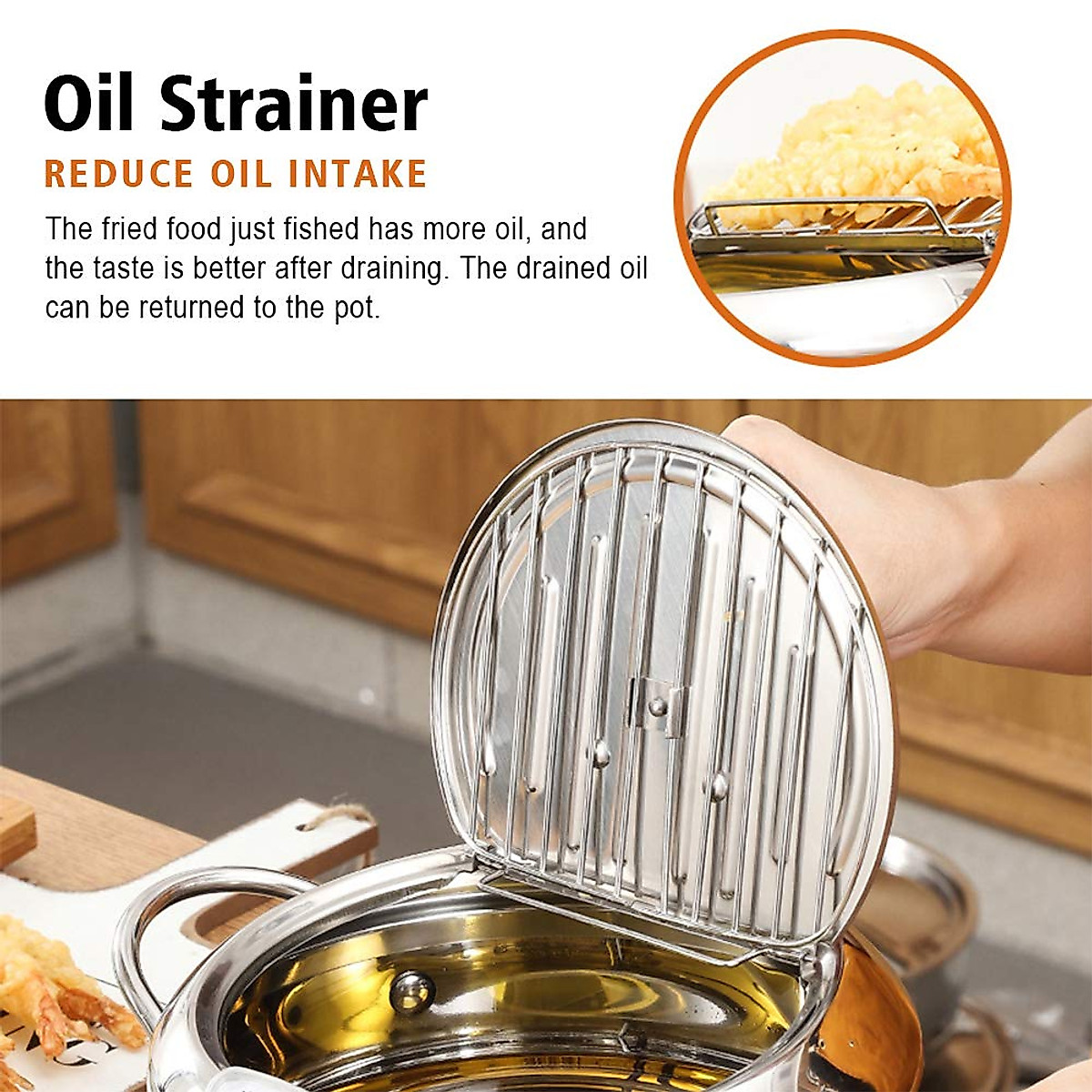 Janpanese Style Tempura Frying Pot with Lid,Stainless Steel Deep Fryer Pot with Temperature Control and Oil Drip Drainer Rack,Tempura Deep Fryer for Kitchen French Fries,Chicken etc