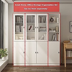 FAMAPY Storage Cabinet Set Bookcase Cabinet Display Cabinet with Glass Doors, Bookcase with Doors, Open Shelves, Black Handles, for Living Room White (62.9”W x 12.2”D x 70.9”H)