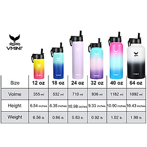 Vmini Water Bottle with New Wide Handle Straw Lid, Wide Mouth Vacuum Insulated 18/8 Stainless Steel, 4 Straws and 2 Brushes, 32 oz, Gradient Pink + Blue