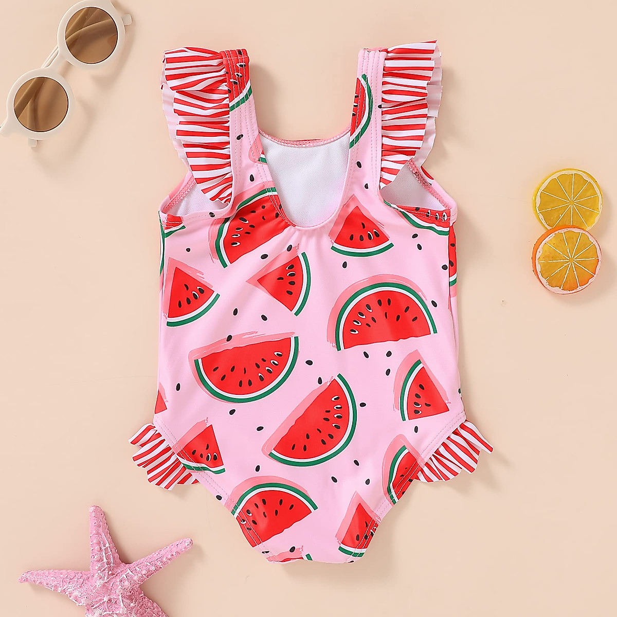 Tiny Cutey Toddler Girl Swimsuit Ruffled Stripe Sleeveless Swimwear One-Piece Baby Girl Bathing Suits (Pink-Watermelon, 12-18 Months)