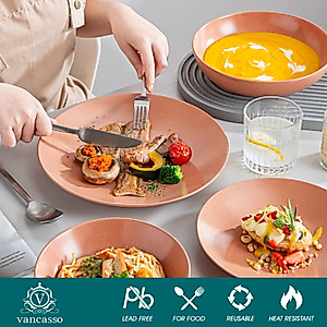 vancasso Sabine Dinnerware Sets, 16 Pieces Stoneware Round Plates and Bowls Set, Semi-matte Dishes Set Service for 4, Dishwasher and Microwave Safe, Terracotta