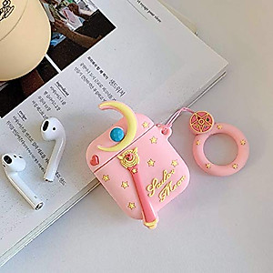 TanMay AirPods 1 & 2 Case Soft Silicone Pink Sailor Moon Crystal Wand Cover with Strap for Apple AirPods 3D Cartoon Magical Girl,Protective Cool Fun Cute Lovely Special Girls (Magic Wand)
