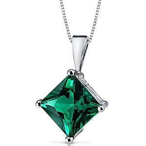 PEORA 14K White Gold Created Emerald Pendant for Women, 2.25 Carats Princess Cut AAA Grade, Classic Solitaire