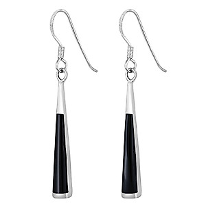 AeraVida Dainty Drop Elegant Slim Triangle with Simulated Black Onyx Stone .925 Plain Aesthetic Sterling Silver Dangle Earrings