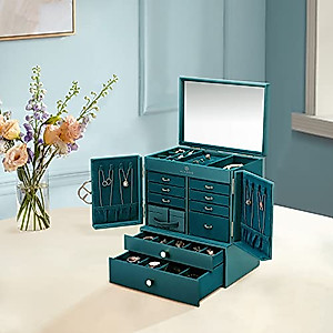 Vlando Jewelry Box Organizer Faux Leather Mirror Jewelry Storage for Women Large Jewelry Eaarring Necklace Watch Rings Boxes Case Christmas New Year Thanksgiving Gift Green