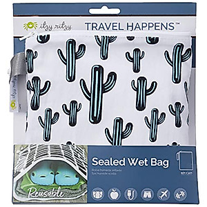 Itzy Ritzy Sealed Wet Bag with Handle – Wet Bag for Travel, Swimsuits, Cloth Diapers, Gym Clothes & Toiletries - Washable & Reusable with Water Resistant Lining - Measures 11” x 14” (Cactus Crew)
