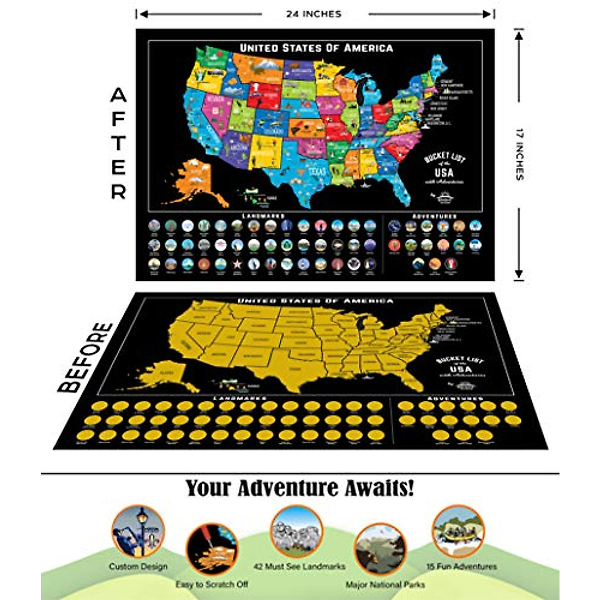 Scratch Off Map of United States + ALL 63 US National Parks Scratch Off Poster, 85 USA Landmarks, Travel Map Kit, 50 State Photo Wall Adventure Maps, Journal Gifts for Travelers by Bright Standards