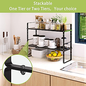 Across-Star Expandable Cabinet Shelf Organizer Rack, Stackable Kitchen Counter Storage Shelves Stand, Adjustable Height Pantry Shelf Spice Rack (Black, 2 Pack)