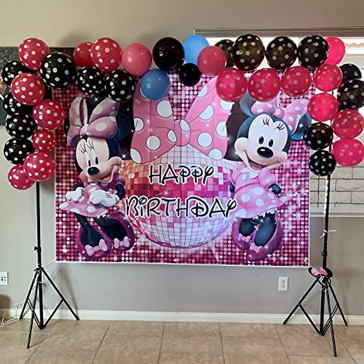 Cartoon Mouse Backdrop Pink Girls Birthday Lights Ball Bowknot Glitter Sequin Dot Photo Background Kid Girls Birthday Party Supplies 7x5ft Newborn Baby Shower Decoration Photo Booth Studio Prop