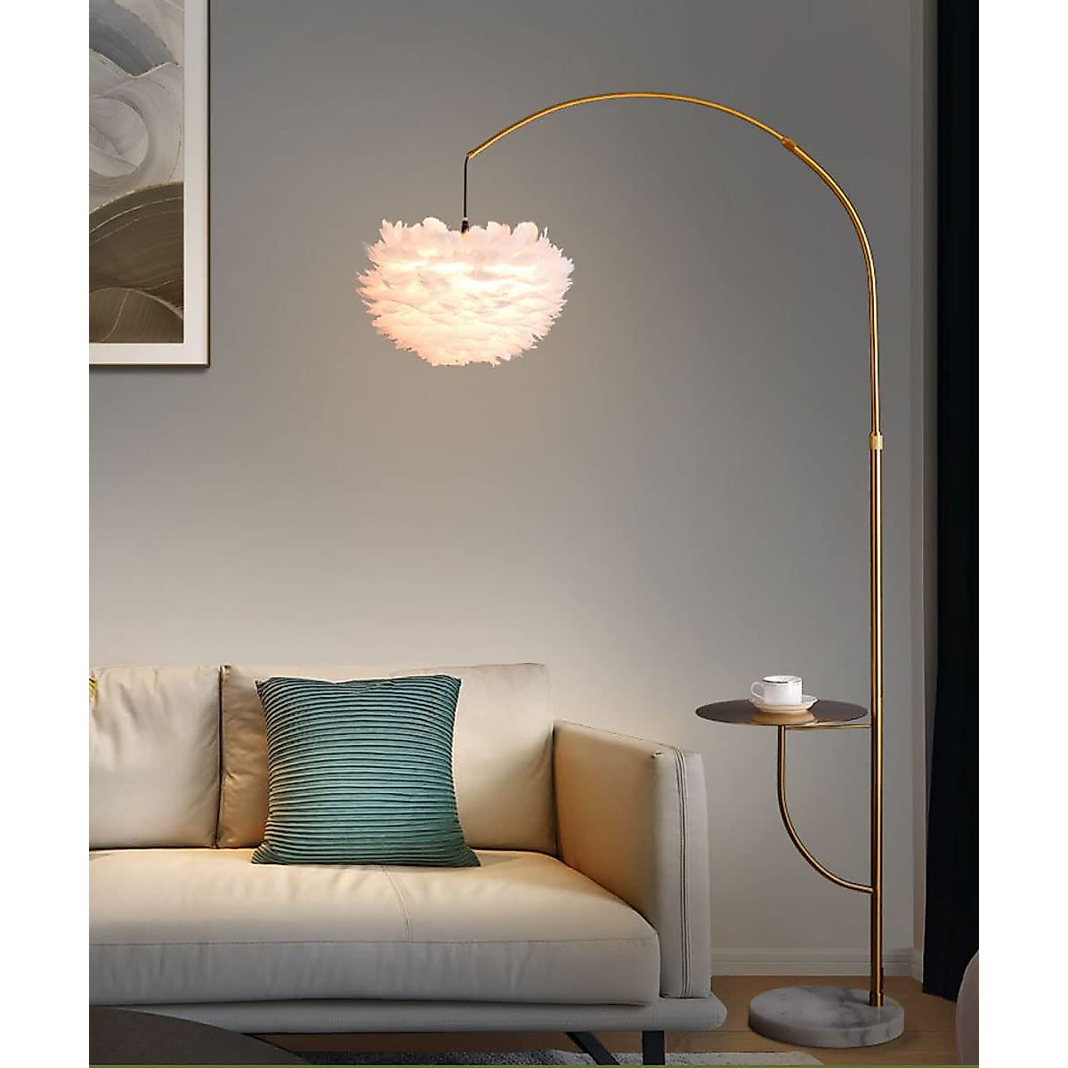 Surpars House White Feather Floor Lamp with Table,Great Floor Light Height Adjustable (Gold)