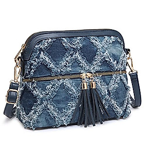 Dasein Women Tassel Zipper Pocket Crossbody Bag Shoulder Purse Fashion Travel Bag with Multi Pockets (Jean)