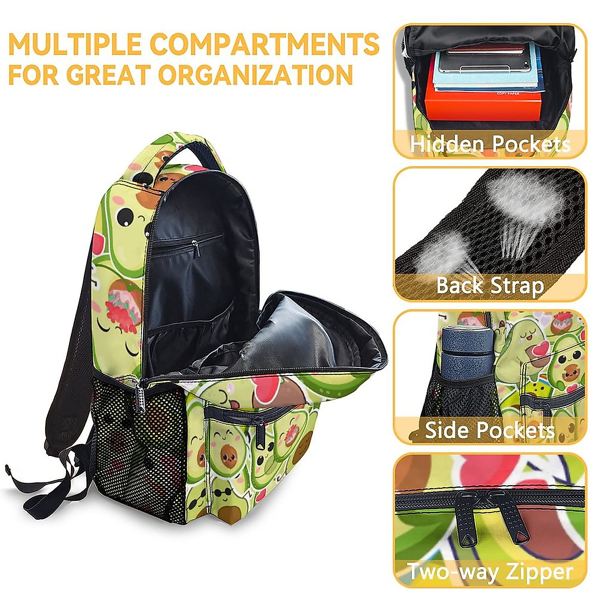 PAKKITOP Avocado Backpack for Kids Girls Boys, 16" Cute Backpack for School, Green Print Lightweight Bookbag for Students