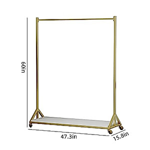 LBSLMJB Clothing Garment Rack with Shelves and Wheels, Metal Rolling Clothes Rack for Hanging Clothes Heavy Duty Portable Standing Clothing Rack Organizer Gold