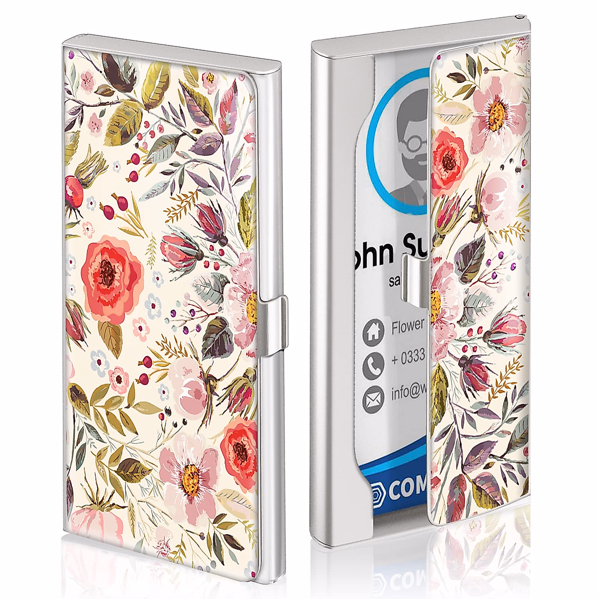 Swooflia Business Card Holder Case Wallet for Women Metal Retro Flower Slim Pocket Purse Square Card Cases Cute For Realtors Real Estate Agents