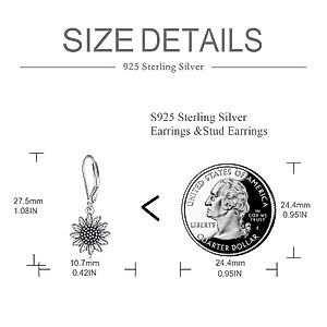 POPLYKE Antiqued Sunflower Leverback Dangle Earrings S925 Sterling Silver Sunflower Earrings for Women